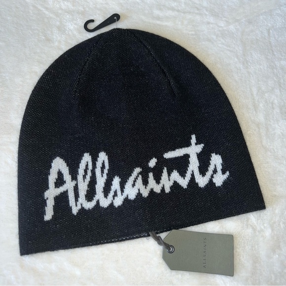 All Saints | Accessories | Nwt All Saints Logo Jacquard Beanie Black ...